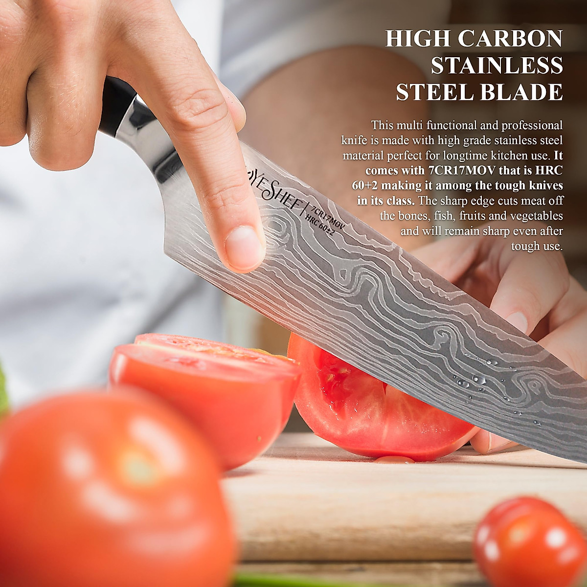 YeShef 8 Inch Japanese Chef Knife - Professional Stainless Steel Kitchen Knife, Chef's Knives with Ergonomic Handle - Strong, Sharp Edge - Tool for Cutting, Carving, Slicing - Luxury Gift Box