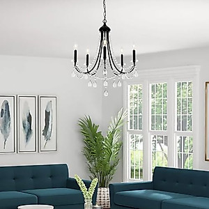 Senyshilon Black Crystal Chandeliers for Dining Room Light Fixtures Over Table, Farmhouse 5 Lights Rustic Candle Chandelier for Living Room Kitchen Island Bedroom Entryway