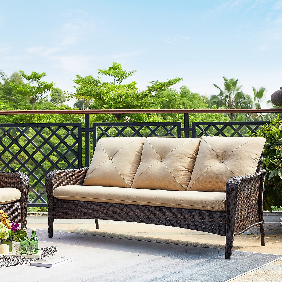 Rilyson Outdoor Patio Sofa, 3-Seat Patio Sectional PE Wicker Sofa, Outdoor Wicker Couch with Deep Seating and Cushions