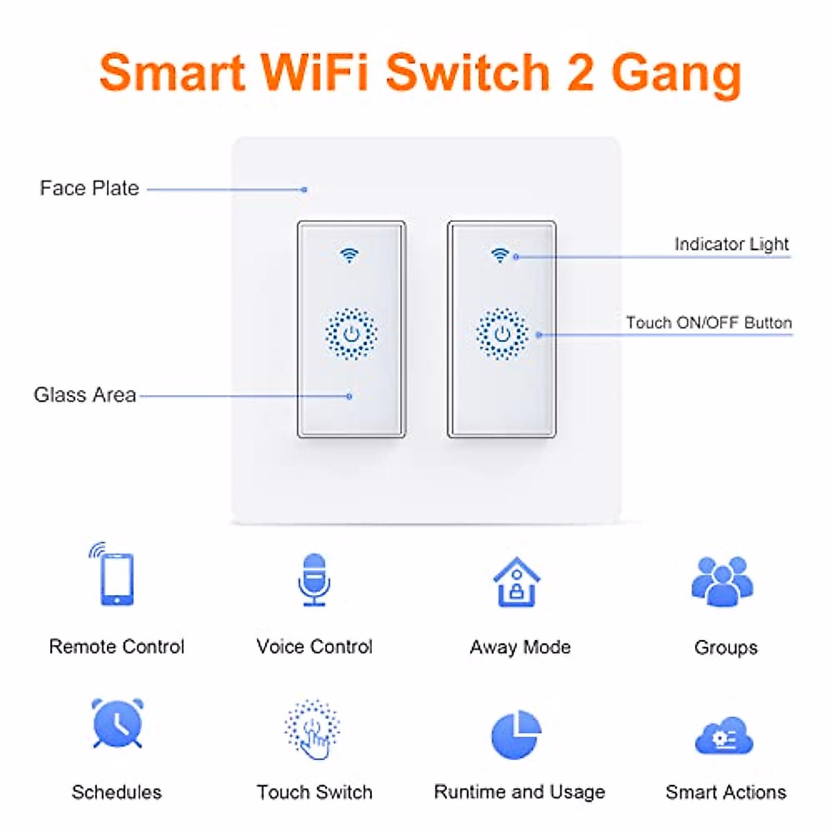 Smart Switch, Smart Light Touch Switch 2 Gang, Double Smart WiFi Light Switches, Smart Switch 2 Gang Compatible with Alexa and Google Home, Neutral Wire Needed, No hub Required (2Gang)
