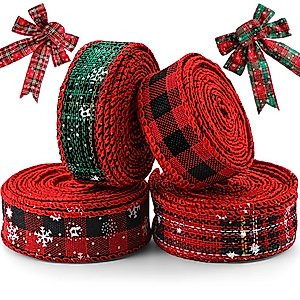 Christmas Ribbon, Ribbon for Christmas Tree, Snowflake Christmas Plaid Ribbon, Christmas Crafts, Home Wrapping Craft Decoration, Ribbons for Crafts, 24 Yards in Total, 6 Yards Each Roll, 1 Inch Width