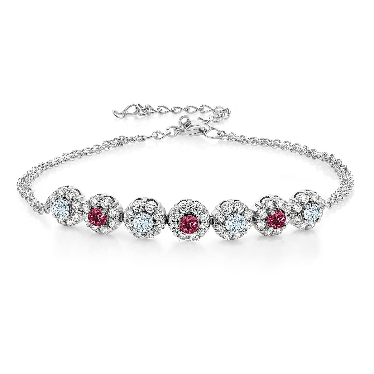 Gem Stone King 925 Sterling Silver Sky Blue Aquamarine and Pink Tourmaline Tennis Bracelet For Women (1.97 Cttw, Gemstone March Birthstone, 7 Inch with 2 Inch Extender)