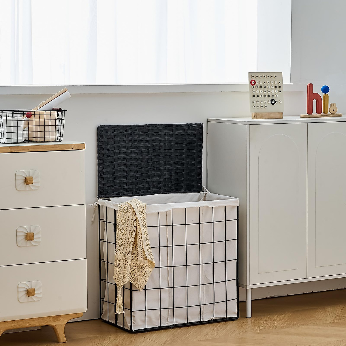 Mxfurhawa Laundry Hamper, 115.8L Laundry Basket with PP Lid, Clothes Hamper, with Divided Removable Liner Bag, Large Capacity Iron-Made Laundry Sorter Clothes Hamper for Bedroom,Bathroom (black)