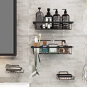 AJIJING 4 Pack Shower Caddy, Stainless Steel Black Shower Organizer Shelves with 8 Hooks and Soap Holder Adhesive Drilling Wall Mounted Bathroom Shower Storage Shelf for Inside Shower Toilet Kitchen Living Room