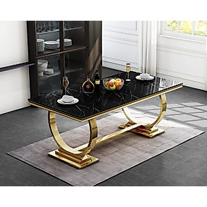 70" Marble Dining Table for 6-8, Luxury Gold Kitchen Table, Mid-Century Modern Black Fuax Marble Dining Room Table with Stainless Steel Pedestal, Large Dining Table for Kitchen Dining Office