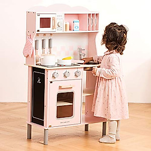 New Classic Toys Wooden Pretend Toy Kitchen for Kids Role Play Included Accessoires Pink Colored - Makes Sound