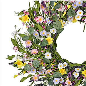 24Inch Artificial Daisy Flower Wreath -Spring Floral Wreath Fake Flower Wreath Spring/Summer Wreath for Front Door Home Decor