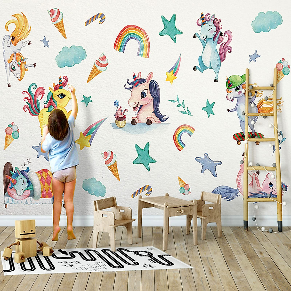 Maydahui Cartoon Unicorn Wall Decals Stickers Rainbow Cloud Candy Ice Cream Vinyl Decals (41*41 Inch) Peel & Stick Removable Girls Bedroom Art Murals Decor for Baby Kids Room Nursery Christmas Gifts