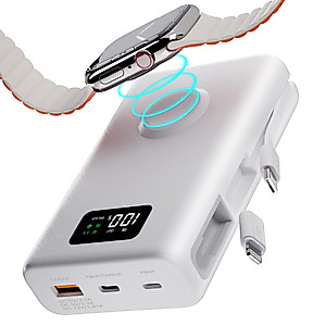 pzoz 20000mAh Portable Power Bank Powerbank Battery Pack with Apple Watch Magnetic Wireless Charger,USB Type C PD Fast Charging in Cable Travel High Capacity Compatible iWatch iPhone 15 Phone (White)