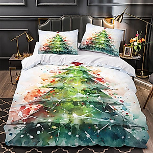Christmas Tree Duvet Cover Set 3D Watercolor Print Decorative 3 Piece Bedding Set with 2 Pillow Shams with Zipper Closure All Season Microfiber Twin（173x218cm）