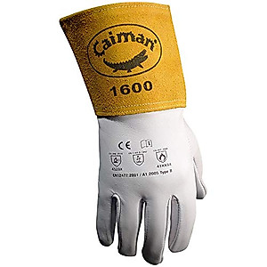 Caiman Premium Goat Grain TIG Welding Glove, 4-inch Gold Extended Cuff, Unlined, Kevlar Thread, 3-inch Carabiner, White, X-Large (1600-6)