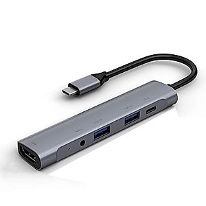 USB C HUB, 5 in 1 Type C Port Adapter with HDMI 4K, 3.5mm Audio Output, USB 3.0, USB 2.0, USB-C PD Charging, Type-C Docking Station for MacBook pro, iPad, Nintendo