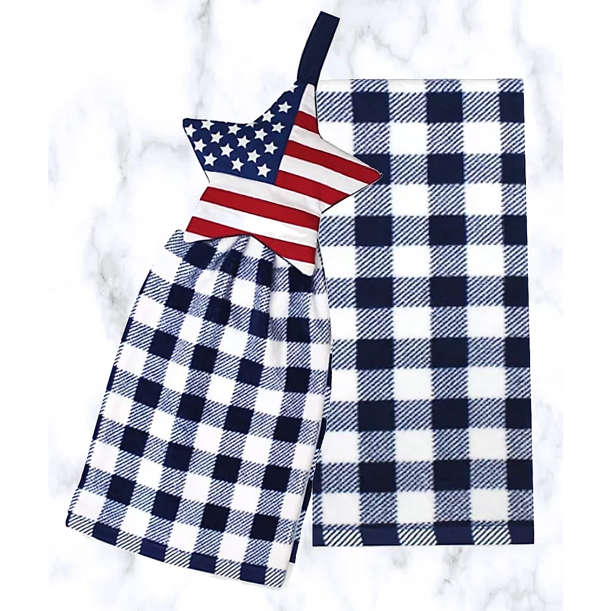 Celebrate Patriotic Kitchen Towels, Set of 2 Coordinating Cotton Terry Dishtowels, Red, White, Blue Flag Star Tie Top and Blue White Buffalo Plaid for 4th of July, Memorial or Labor Day