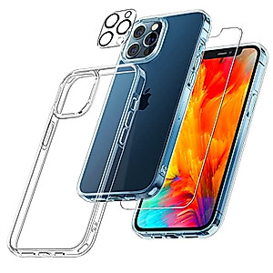 TAURI 5-in-1 Designed for iPhone 12 Pro Max Case, [Non-Yellowing] with 2 Screen Protectors + 2 Camera Lens Protectors, Shockproof Slim Phone Case 6.7 Inch, Drop Protection, Clear