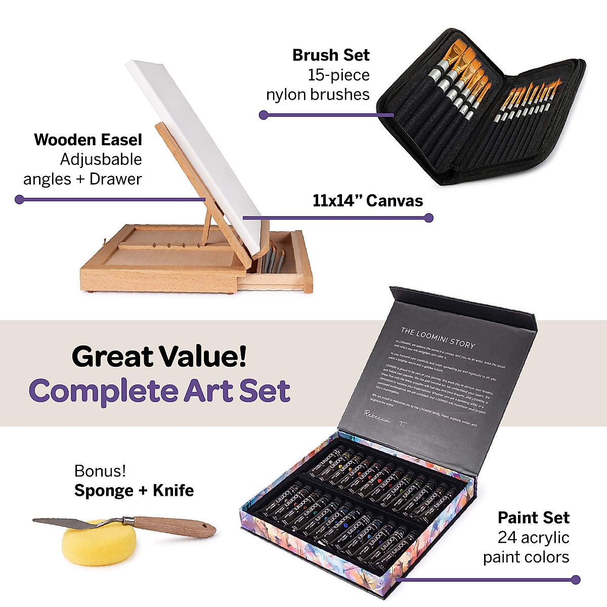 Acrylic Paint Set for Adults & Kids Includes Tabletop Easel Canvas and Brushes 24 Acrylic Paint Colors 15 Brushes 1 Easel 1 Canvas | Painting Kit for Adults