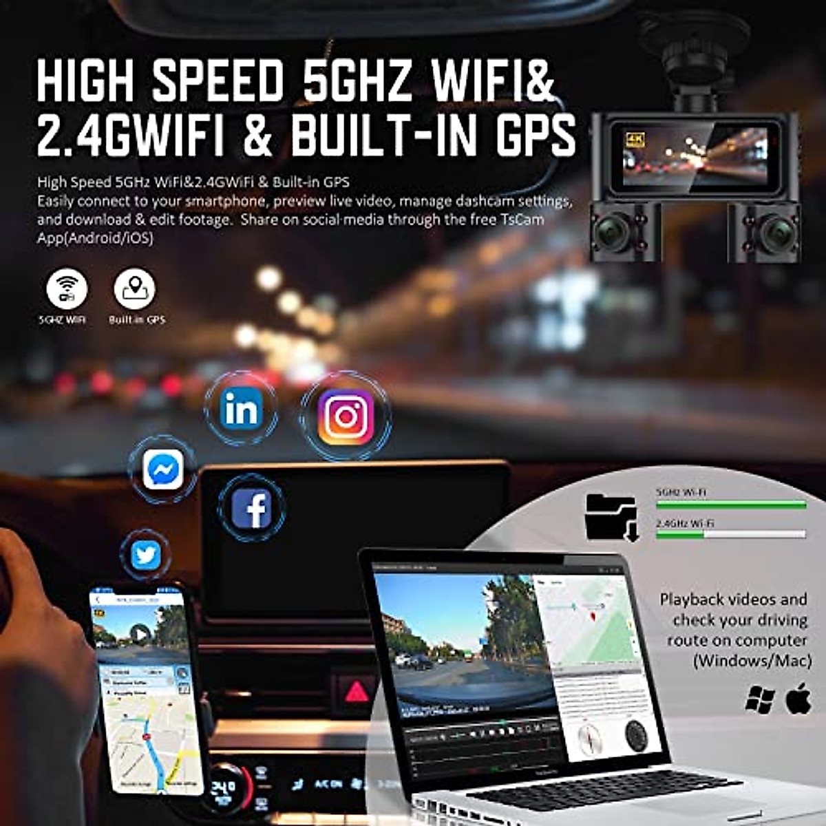 HUPEJOS V7PRO 3 Channel Dash Cam with 5GHz WiFi GPS, 4K Car Camera，128GB Card,4K Front+1080P Left or Right, 1440P+1080P+1080P Dash Camera for Cars, IR Night Vision,24 Hours Radar Detection