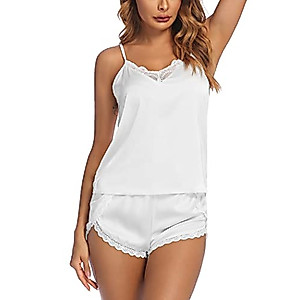 Ekouaer Women's Pajama Set Silk Bridal Lingerie V Neck Satin Sleep Shorts and Tops 2 Piece Lounge Set White
