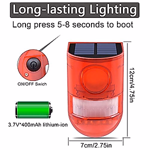 LEDHOLYT 2 Solar with Sound Strobe Light, Wall Mounted Outdoor Motion Red Sensor Alarm, 4 Modes of Motion Sensor, Alarm 129dB for Home Fence Farm Yard Garage Barn