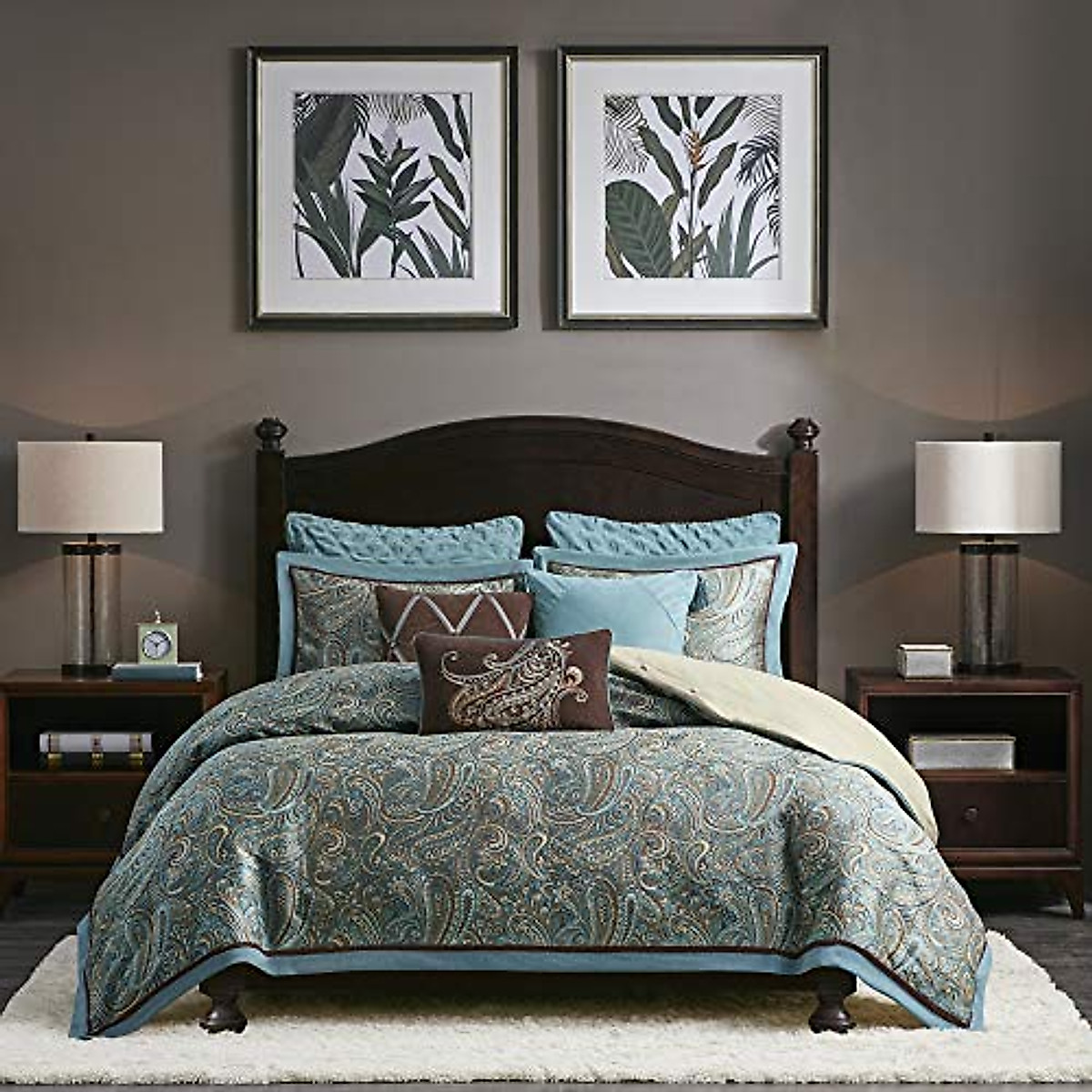 Hampton Hill Lauren King Size Bed Comforter Duvet 2-In-1 Set Bed In A Bag - Blue, Brown , Luxurious Jacquard Paisley – 9 Piece Bedding Sets – Ultra Soft Microfiber Bedroom Comforters