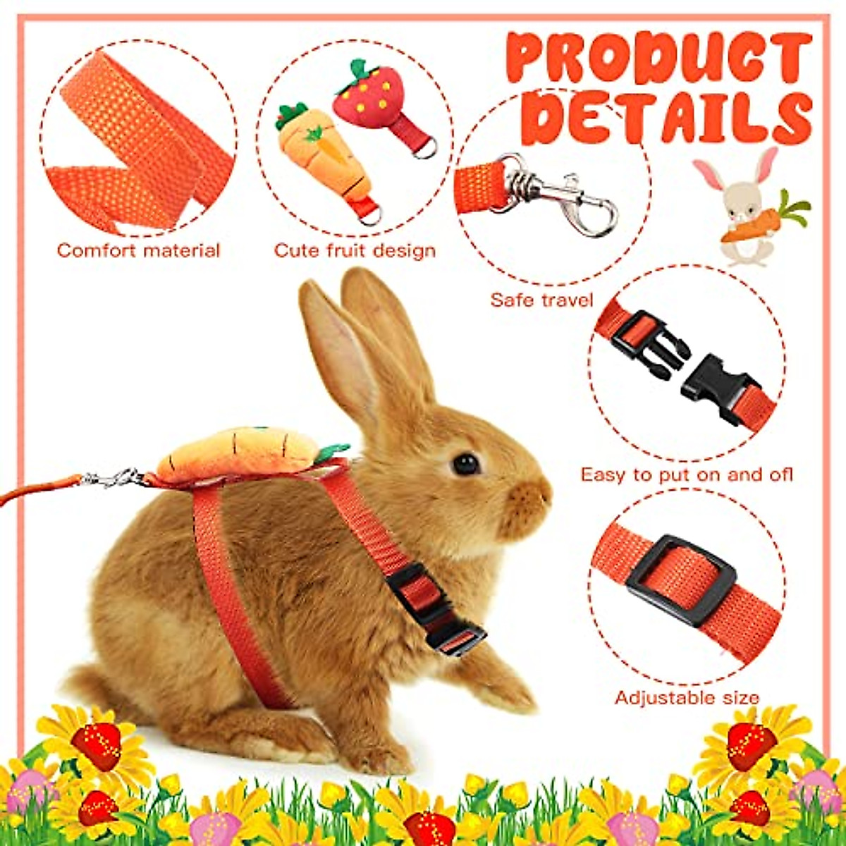 2 Pack Adjustable Rabbit Harness and Leash Bunny Harness Leash Set Harness Leash for Rabbit Kitten Puppy Pig and Small Pet Animals (Carrot, Strawberry)