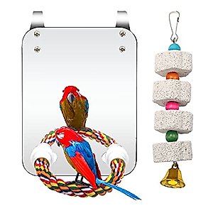 Catcan Bird Cage Mirror, Bird Mirror with Perch Rope for Cage Cockatiels Cotton Rope Standing Bar Parrot Mirror with Parrot Molar Toy Pendant