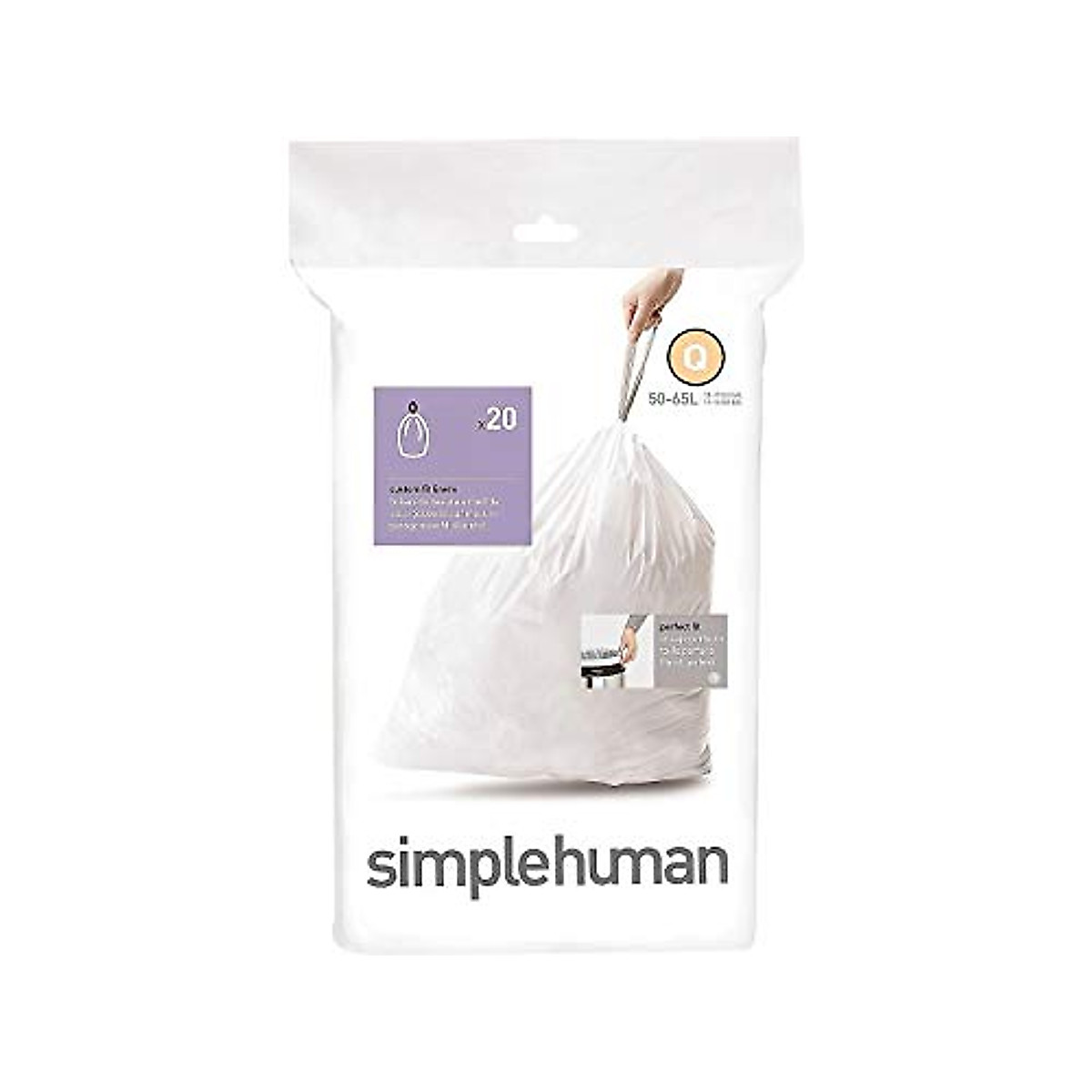 simplehuman Code Q Custom Fit Drawstring Trash Bags in Dispenser Packs, 50-65 Liter / 8 Gallon, White – 240 Liners