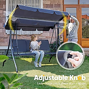 Zupapa Outdoor Patio Swing Chair w/Textilene Breathable 3-Person Armrest Seat, Canopy Porch Swing w/Adjustable Shading, Heavy-Duty Powder-Coated Swing Sets for Backyard, Poolside, Balcony - Gray