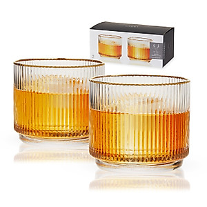 Viski Meridian Crystal Lowball Tumblers, Art Deco Whiskey Glasses, Crystal Scotch Glasses, Crystal Old Fashioned Glasses, Ribbed Glassware 12oz Set of 2