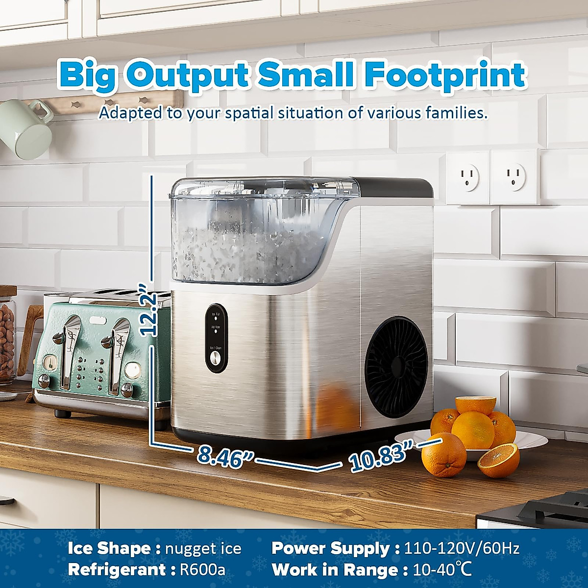 Kikihuose Nugget Countertop Ice Maker with Soft Chewable Pellet Ice, Portable Pebble Ice Machine 33lbs/24H, Self-Cleaning, Sonic Ice, One-Click Operation, for Kitchen, Office- Stainless Steel Silver