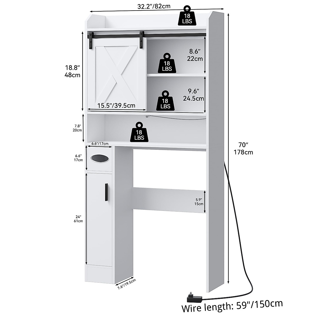 YITAHOME Over The Toilet Storage Cabinet, Farmhouse Storage Cabinet with Sliding Door, Infrared Sensor Light, Home Space-Saving Toilet Rack for Bathroom, Restroom, Laundry, White