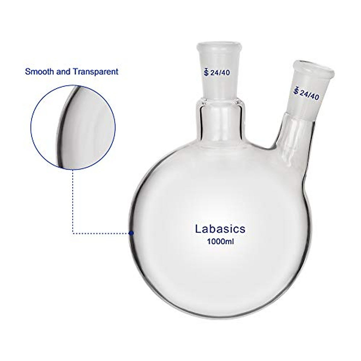 Labasics Glass 1000ml 2 Neck Round Bottom Flask RBF, with 24/40 Center and Side Standard Taper Outer Joint, 1000ml