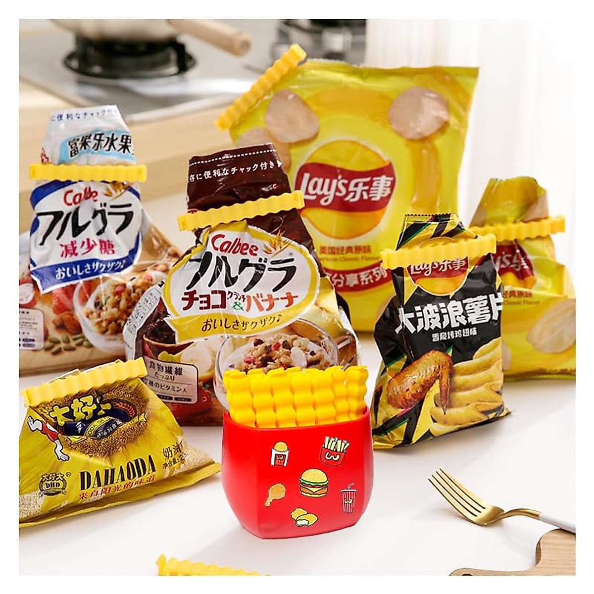 Generic Magnetic Fries Clips-12 Pcs Plastic Food Clips & Magnetic Plastic container with Fun stickers, Cute Kitchen Accessories Keep Food Fresh & Organized, Red and Yellow