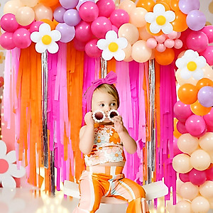 Pink Orange Groovy Balloon Arch Fringe Backdrop, Daisy Balloon Garland Arch Kit, Groovy Streamers for Flower Groovy Birthday Baby Shower Wedding Bachelorette Groovy Party Decorations