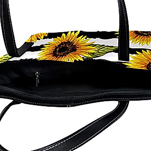 Women’s Leather Tote Bag, Aesthetic Sunflower Black Stripe Large Heavy Duty Shoulder Bag Travel Work School Handbag