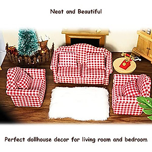 Dollhouse Couch with Pillow 1 12 Scale Miniature Sofa Arm Chair Living Room Furniture Wooden Fabric Frame Single Reading Chair Artificial House Room Scene Decoration (Plaid)