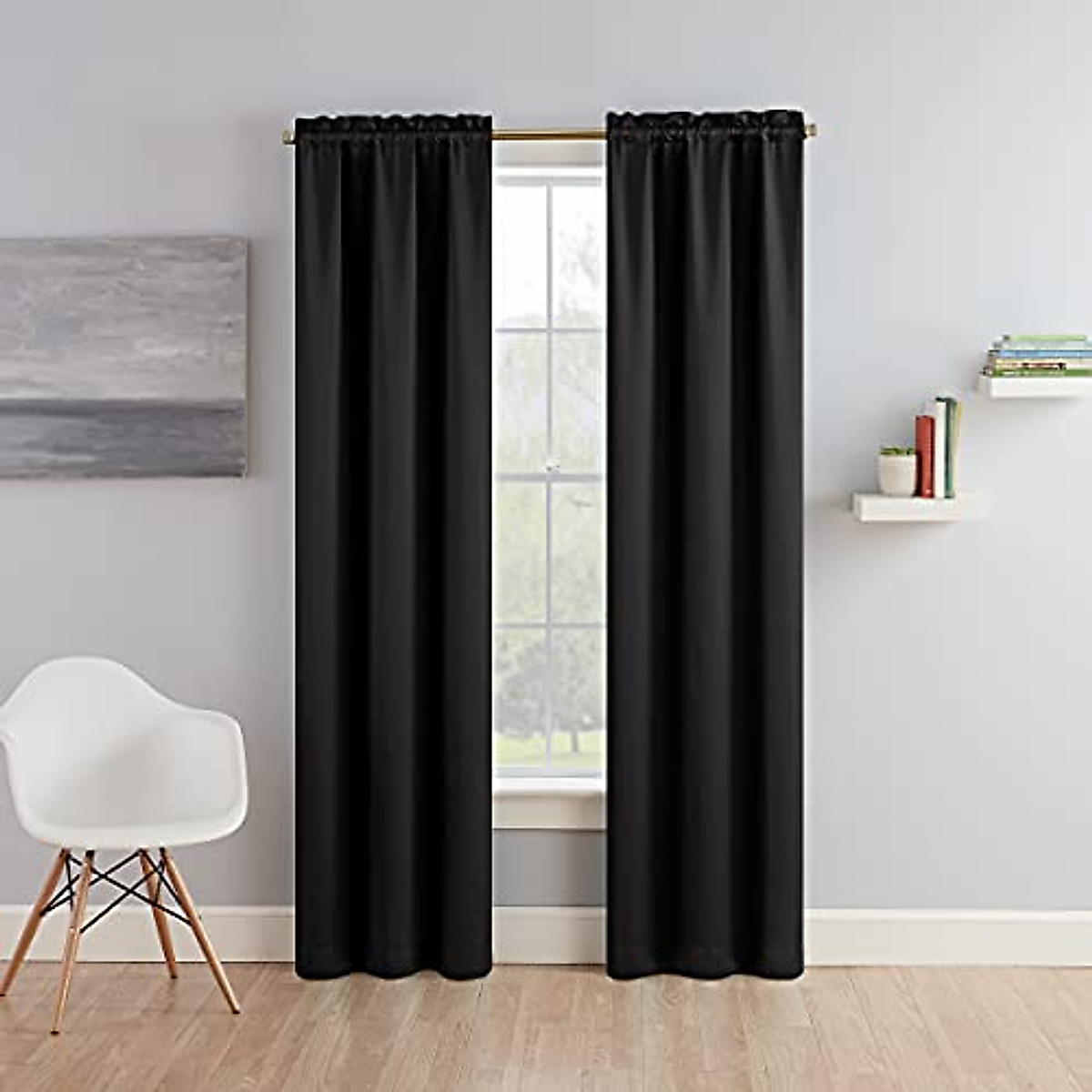 ECLIPSE Tricia Modern Room Darkening Thermal Rod Pocket Window Curtains for Bedroom (2 Panels), 26" x 63", Black