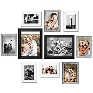 HAMITOR Picture Frames Set for Wall Gallery - 10 Pack Assorted Color Modern Wooden Collage Photo Frame for Wall Decor or Tabletop Display Including Two 8x10 / Four 5x7 / Four 4x6 - Black White Gray