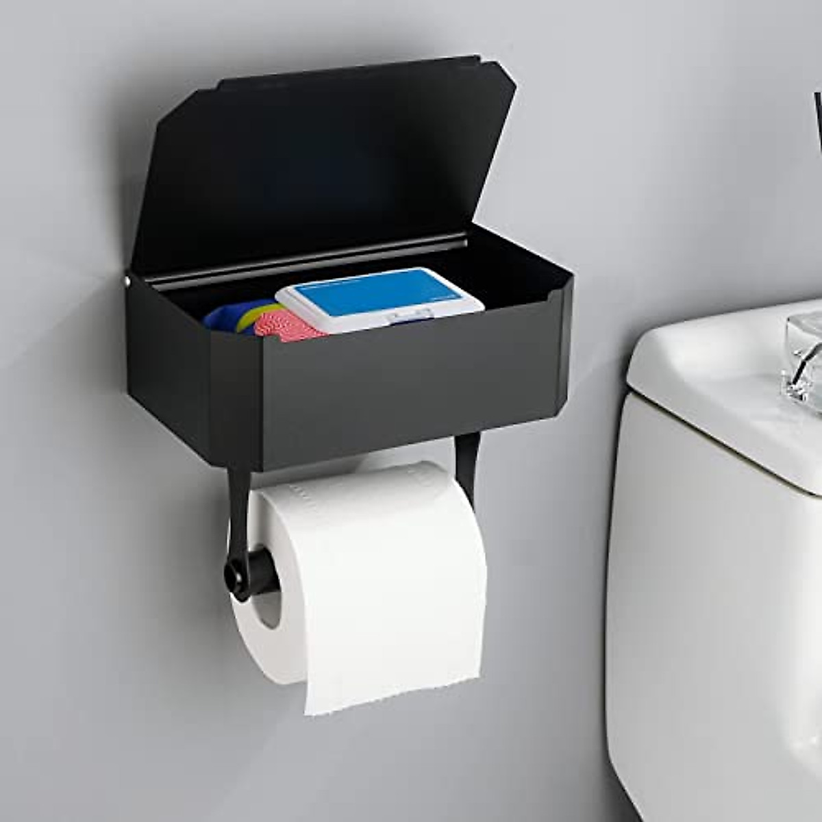 Toilet Paper Holder - Black Toilet Paper Stand | Double Phone Shelf Toilet Paper Roll Holder, Adhesive Bathroom Toilet Tissue Holder, Rustproof Tissue Holder Suenos