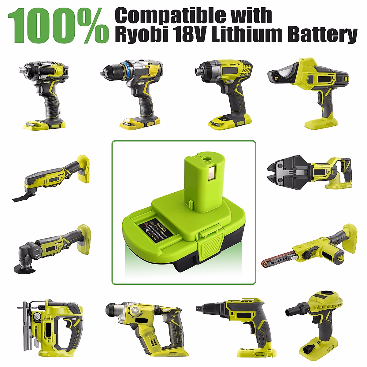 URUN DM18RL Battery Adapter for Dewalt 20V to Replace for Ryobi P108 P109 Battery, for Milwaukee M18 18V Battery Convert for Ryobi 18V Power Tools with USB Port-Green (No Battery)