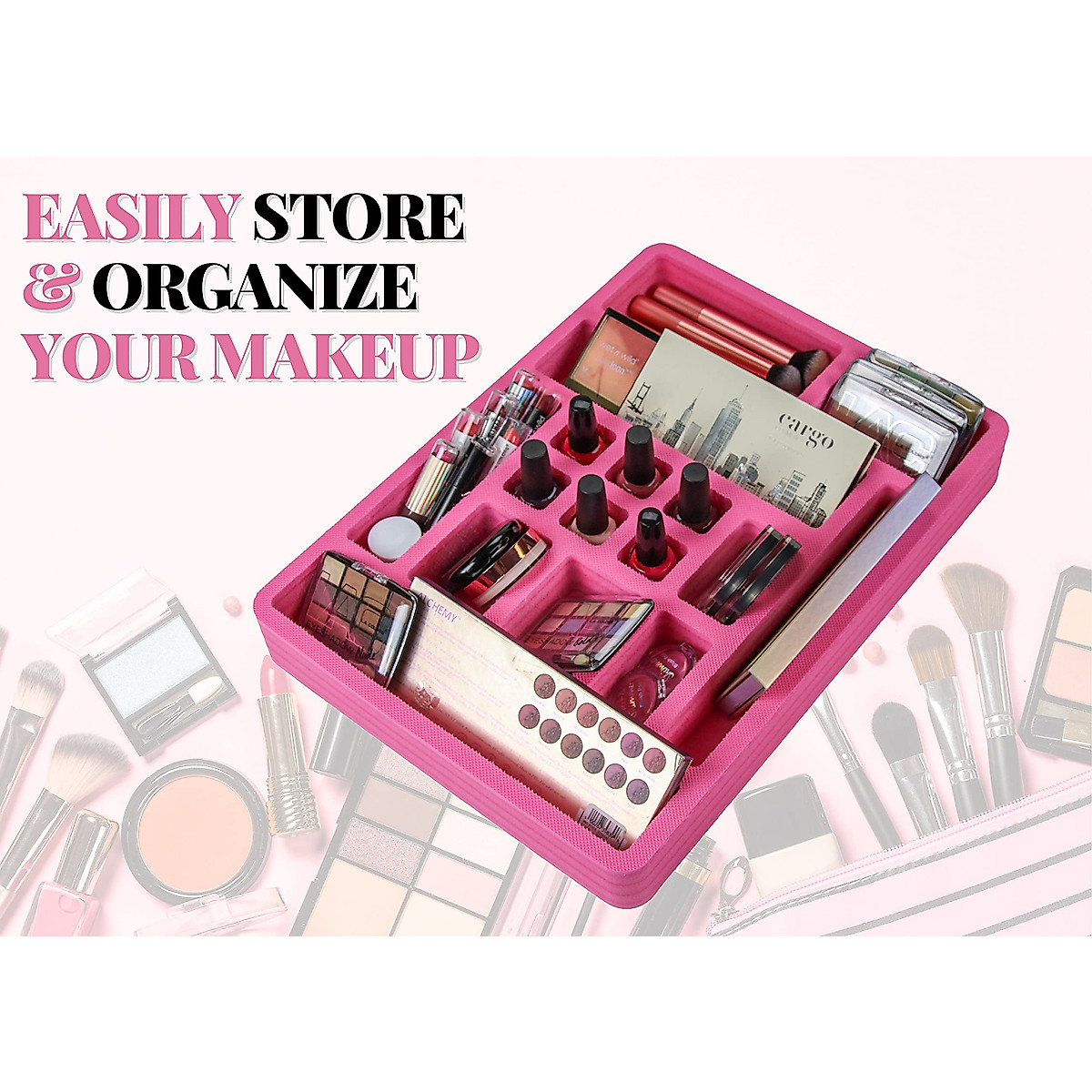 Polar Whale 2 Makeup Pink Drawer Organizers Tray Washable Waterproof Durable Foam Insert for Home Bathroom Bedroom Office 12.9 x 17.9 Inches 16 Compartments for Lipstick Eyeliner Cosmetics and More