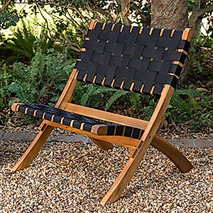 Patio Sense 62774 Sava Indoor Outdoor Folding Chair All Weather Wicker Low Slung Portable Seating Solid Acacia Wood Woven Seat & Back Indoors Porch Lawn Garden Fishing Sporting - Black Webbing