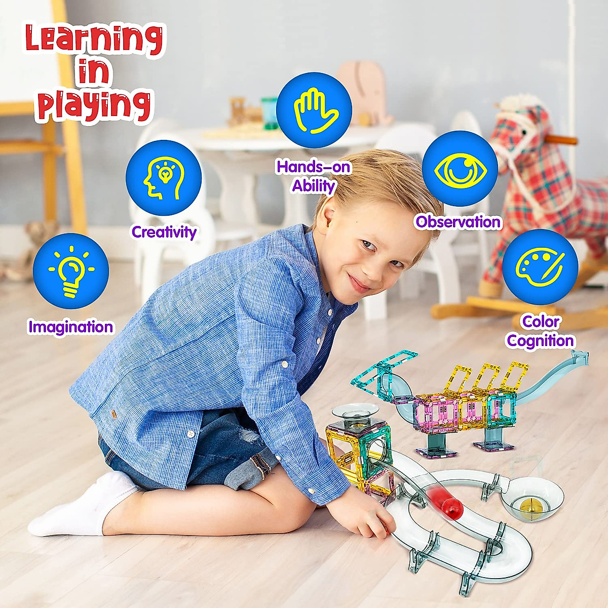 Magnetic Tiles Building Blocks for Kids, Marble Run Race Track Magnet Building Toys Educational Stem Toys for Age 3 4 5 6 7 8+ Year Old Girls Boys Birthday Gift Yellow (Standard Edition 74PCS)