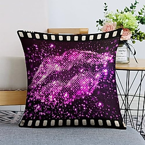 JOJOART Pink Glitter Lips Throw Pillow Covers 18×18 Pillowcases Set of 1 Sexy Mouth Kiss Linen Decorative Square Pillow Case Cushion Covers Standard Size for Sofa Couch Outdoor Bed Pillow Protectors