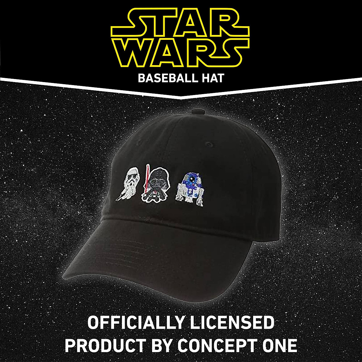 Concept One Star Wars Dad Hat, Darth Vader, R2-D2 and Stormtrooper Cotton Adult Baseball Cap with Curved Brim, Black, One Size