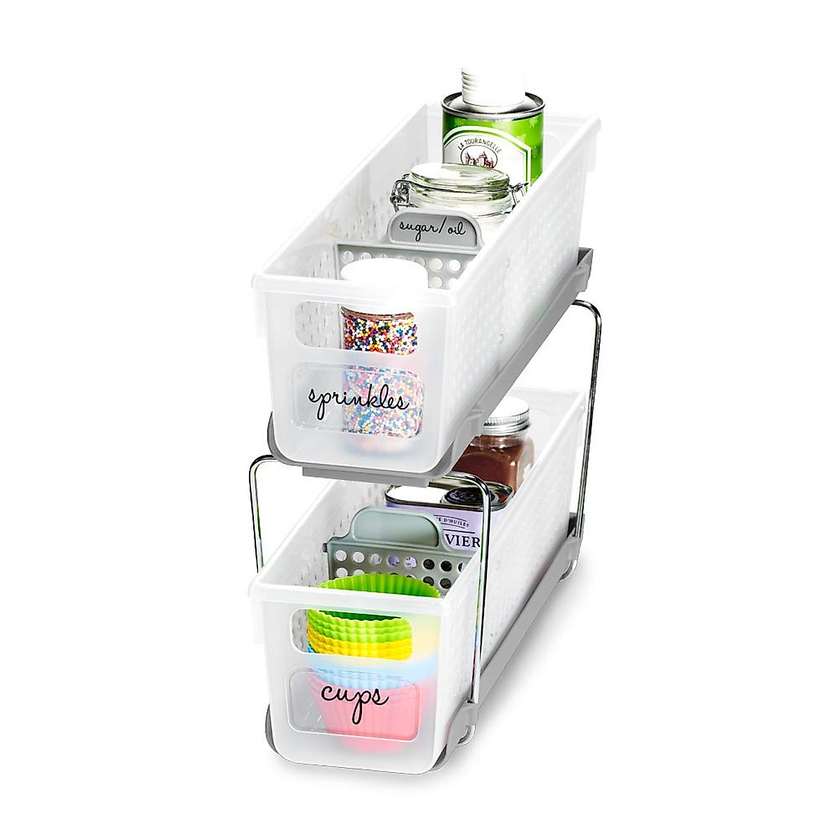 madesmart Mini 2-Tier Organizer, Multi-Purpose Slide-Out Storage with Handles and Dividers for Home and Bath, Frost