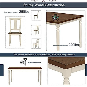KoiHome 6-Piece Classic Wood 4 Chairs with Bench, East-West Family Furniture Dining Table Set for Restaurant, Kitchen (Brown+Cottage White)