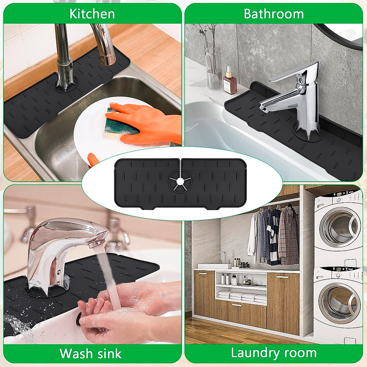Premium Silicone Soap Holder for Bathroom Kitchen Self Draining Sink Draining Pad Behind Faucet Drip Protector Splash Countertop Sink Caddy Organizer for Dish Soap (Black)