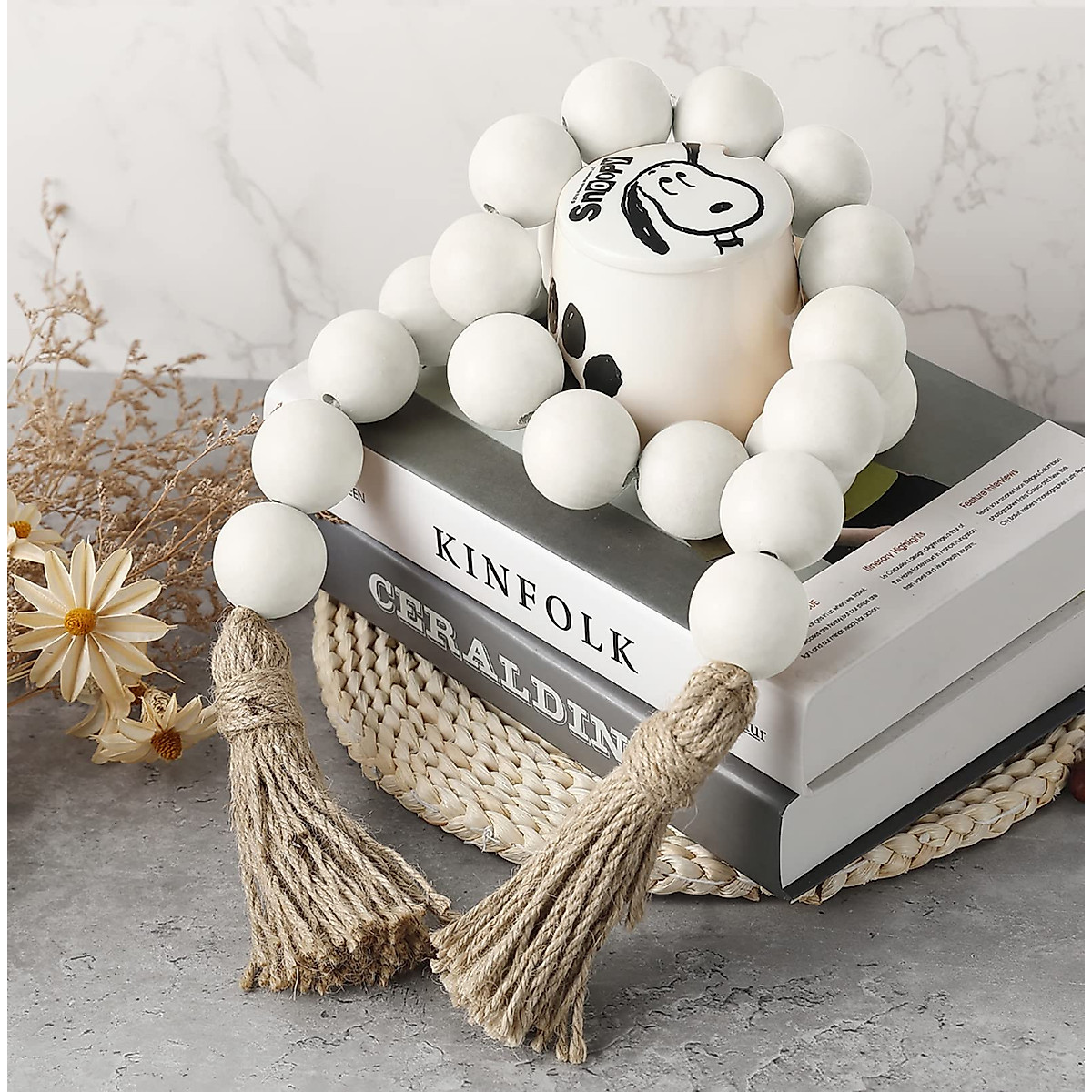 Large White Wooden Beads Garland Farmhouse Decor 50inch long with 1.6" Diameter beads, Wood Beads Decor Tassel Garland Decorative Boho Country Decoration for Coffee Table Home Tiered Tray Wall Hanging