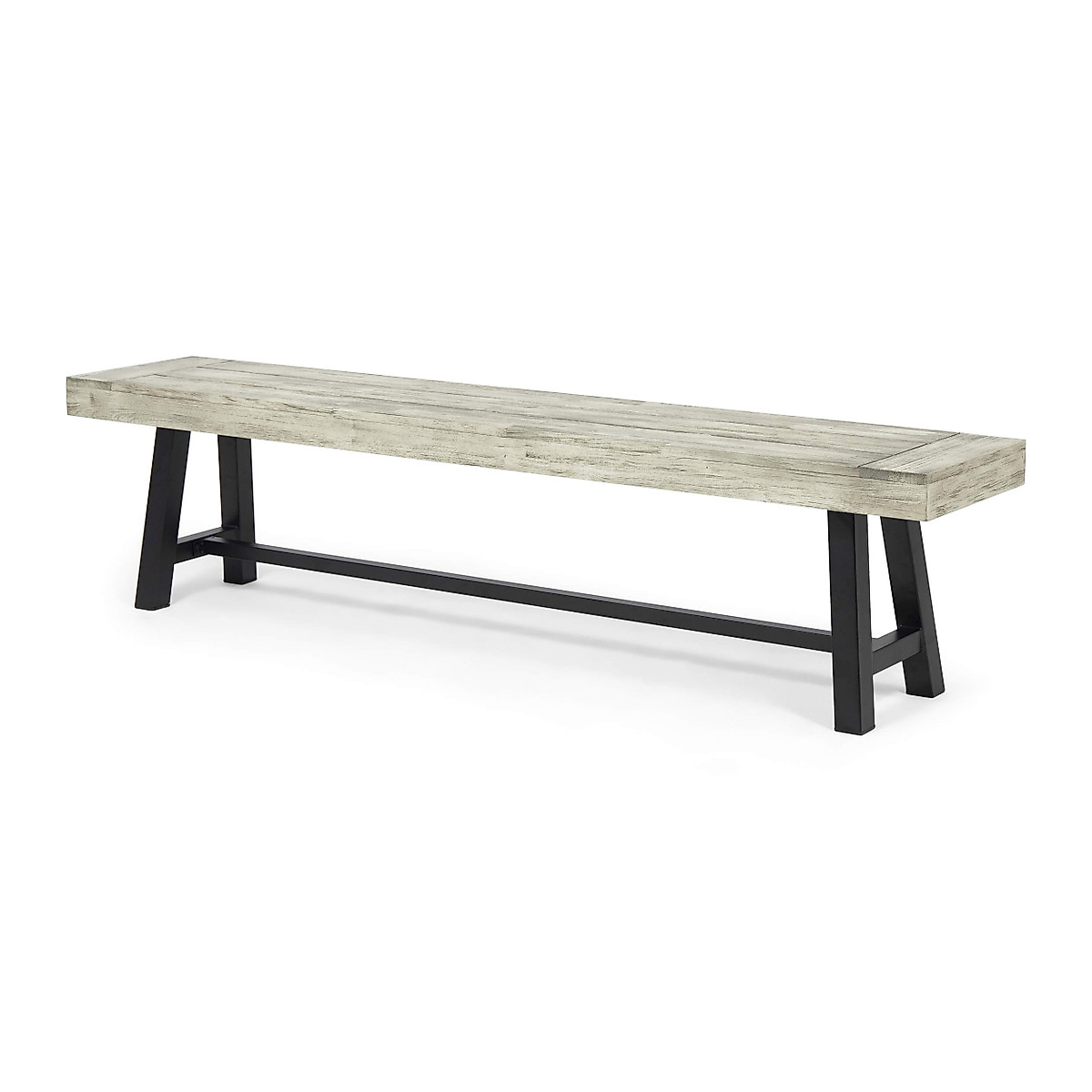 GDFStudio Outdoor Acacia Wood Bench, Sandblast Light Gray Wash and Black Metal