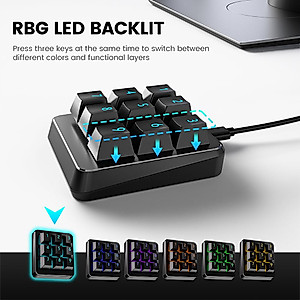 AIRUSAN One-Handed Mechanical Keyboard, RGB LED Backlit Macro Keyboard, 9 Fully Programmable Keys Support One-Click Start,Hotkeys,NKRO,Fully Programmable Keys for Work & Daily Study